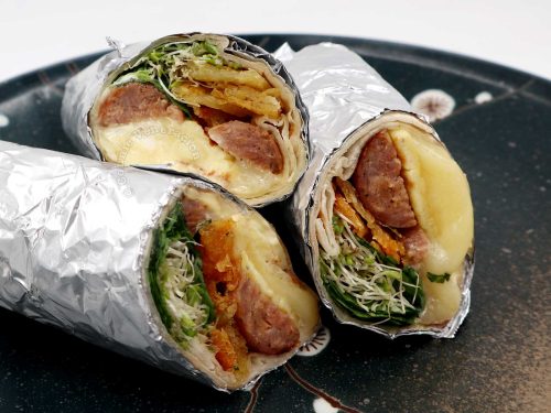 All-day breakfast sausage and egg burrito
