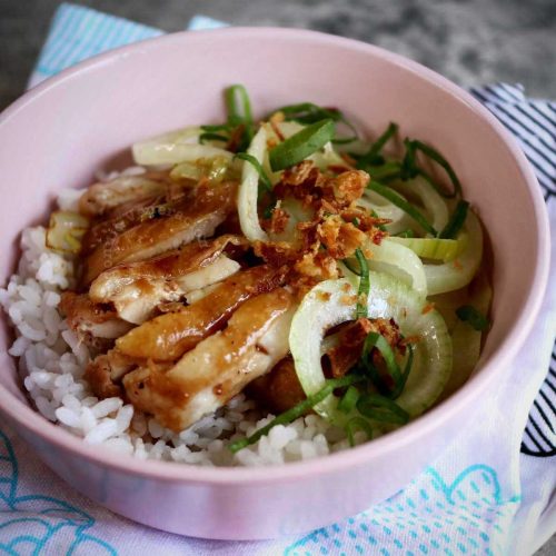 Soy sauce, lime and garlic chicken rice bowl