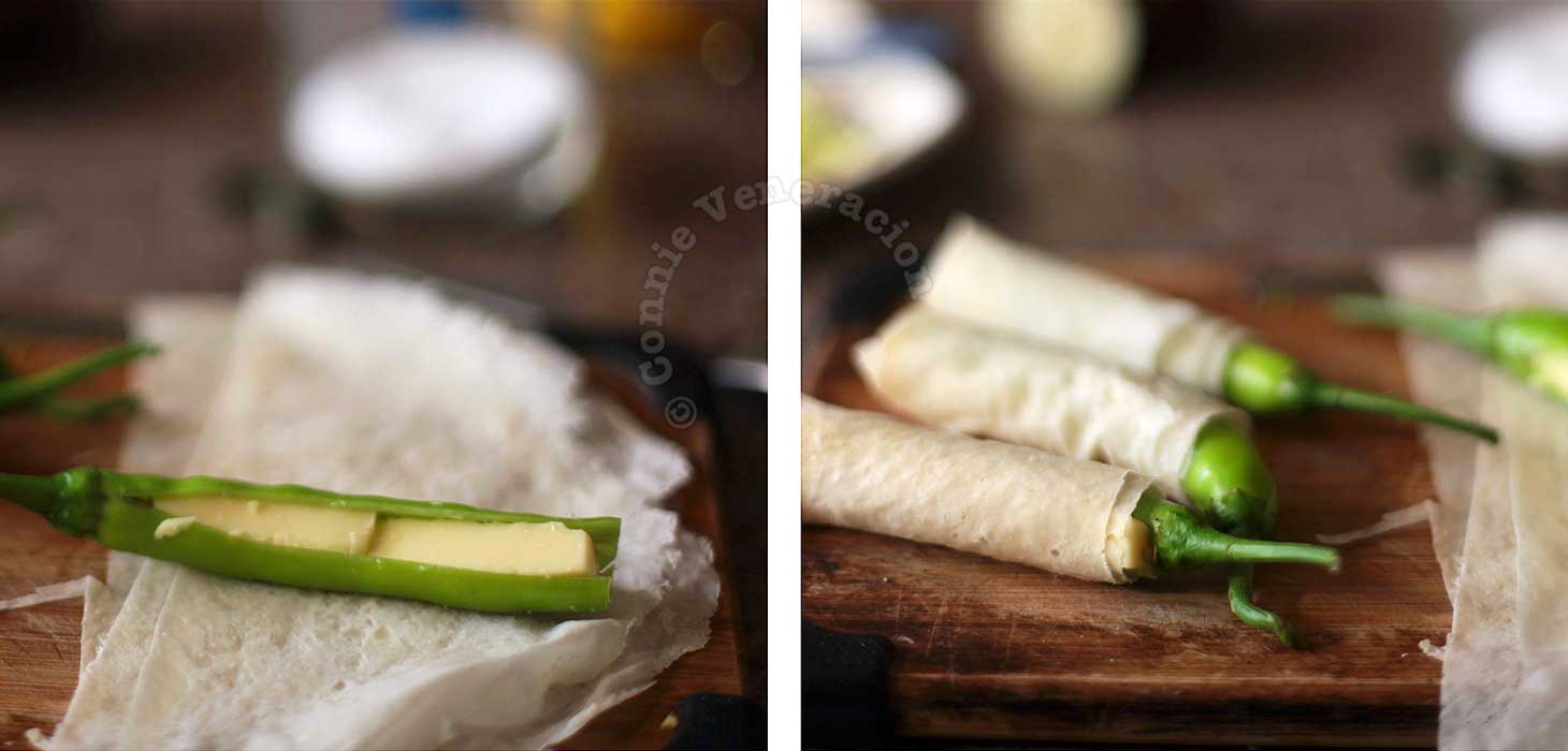 Cheese-stuffed chili spring rolls