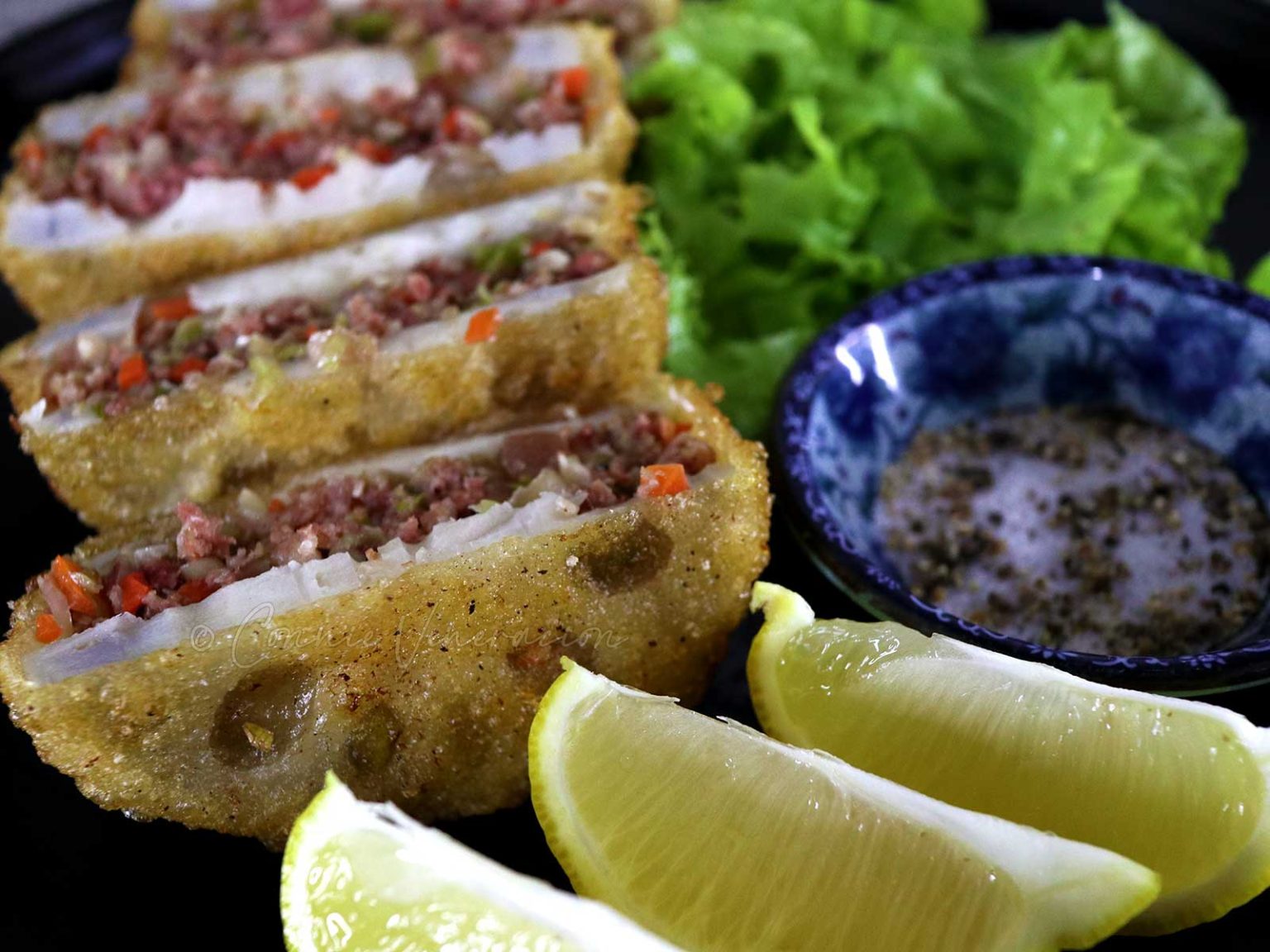 Crispy stuffed lotus root (renkon hasami-age)