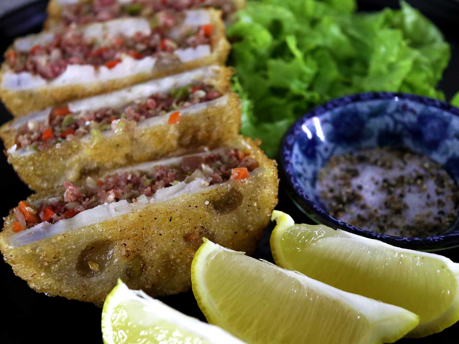 Crispy stuffed lotus root (renkon hasami-age)